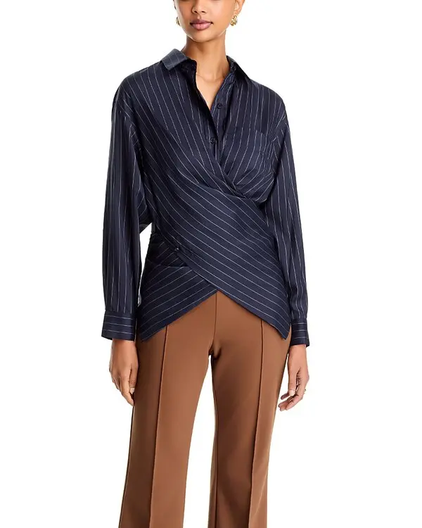Lafayette 148 New York Pinstripe Silk Convertible Wrap Blouse