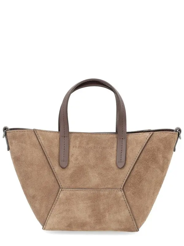 Brunello Cucinelli Mini Suede Crossbody Handbag With Ruthenium Finish - Brown