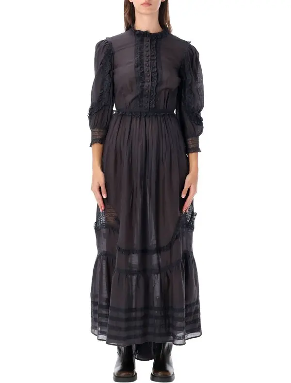 FORTELA Sheer Lace Trim Long Sleeve Maxi Dress