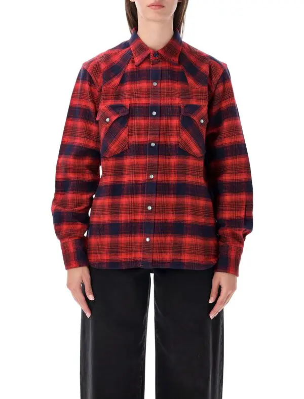 FORTELA Plaid Flannel Shirt Jacket With Snap Front - Rosso
