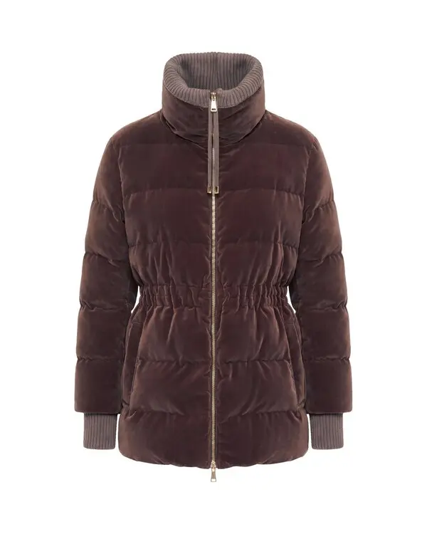 Fabiana Filippi Velvet Puffer Coat With High Neck And Zip Front - Corteccia