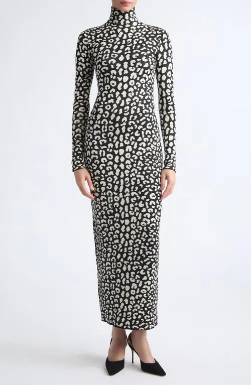 Carolina Herrera Turtleneck Tea Length Knit Dress - Black Multi