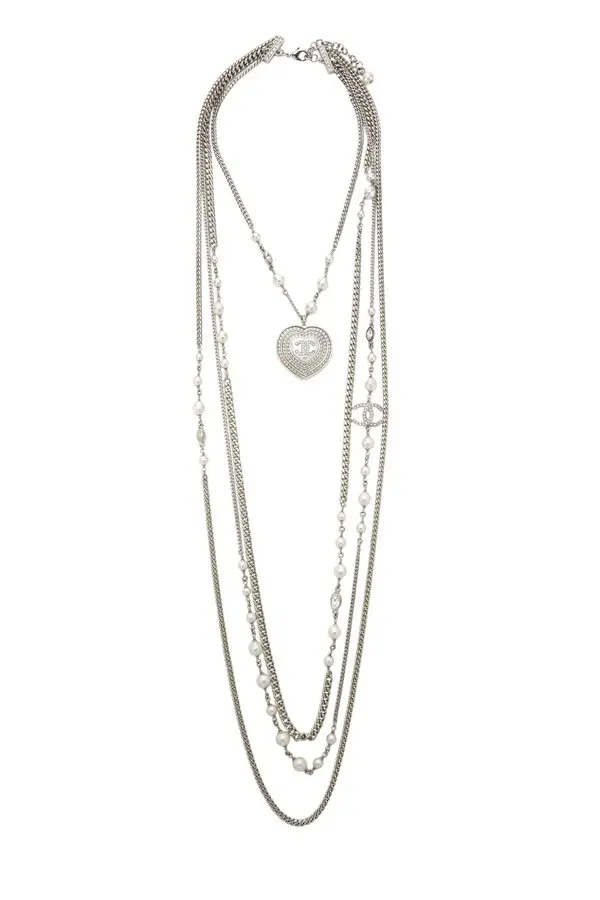Chanel Crystal 'cc' Faux Pearl Heart Necklace - Silver