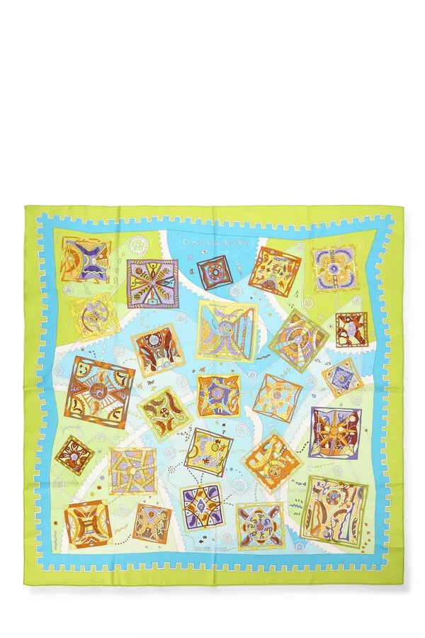 Hermès Multicolor 'la Mecanique Des Idees' Silk Scarf 90 - Green