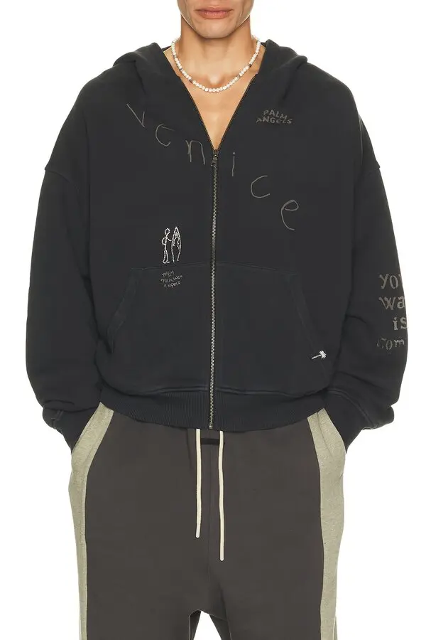 Palm Angels Surfer Dream Zipped Loose Hoodie In Black - Anthracite