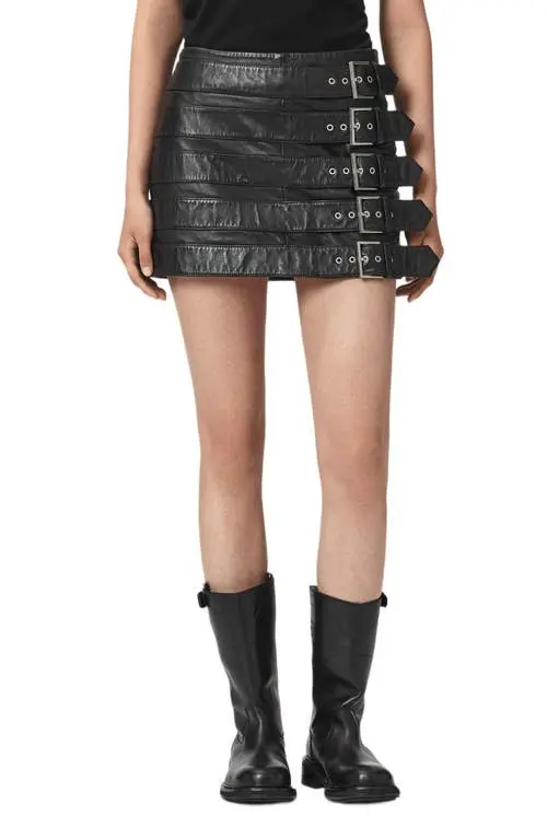 ALLSAINTS Betty Buckle Leather Miniskirt