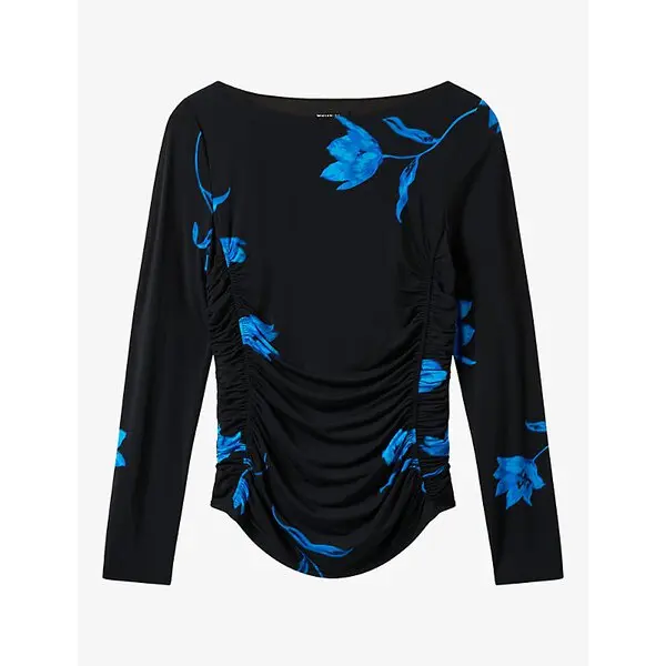 Whistles Ruched Floral-print Stretch-jersey Top - Black/multi