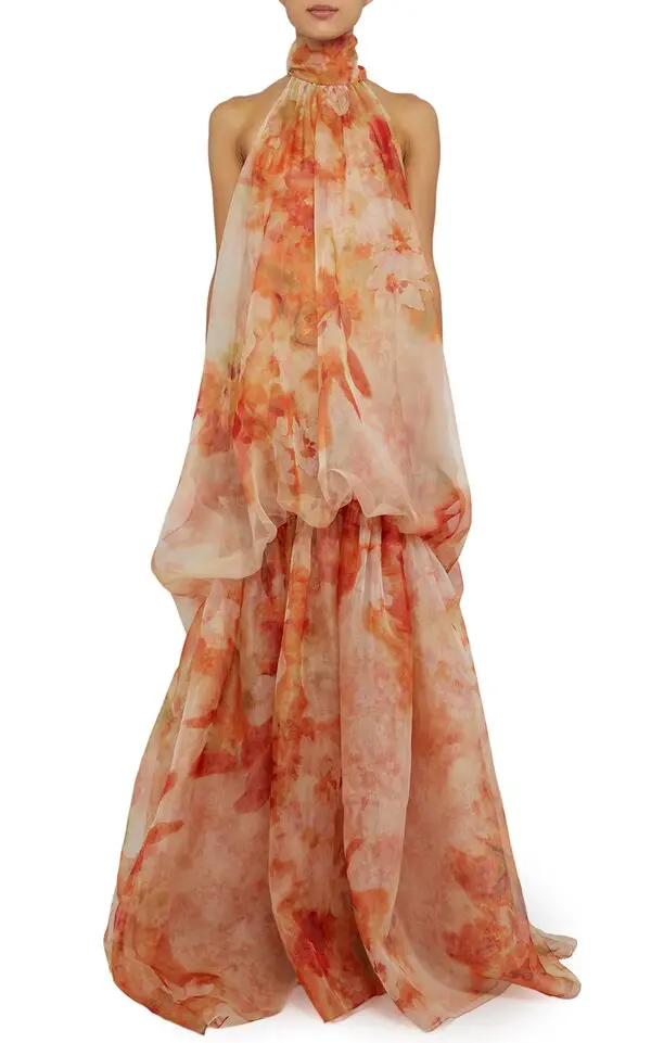 Prabal Gurung Floral Print Silk Organza Open-back Cocoon Halter Dress
