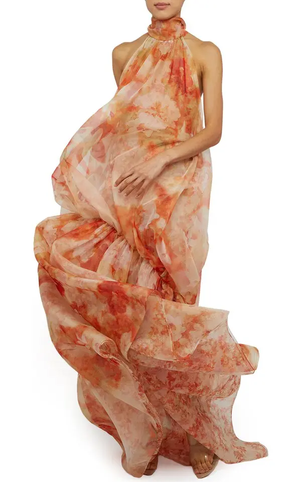 Prabal Gurung Floral Print Silk Organza Open-back Cocoon Halter Dress
