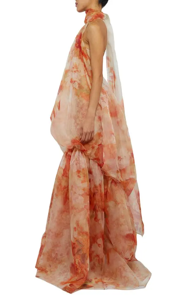 Prabal Gurung Floral Print Silk Organza Open-back Cocoon Halter Dress