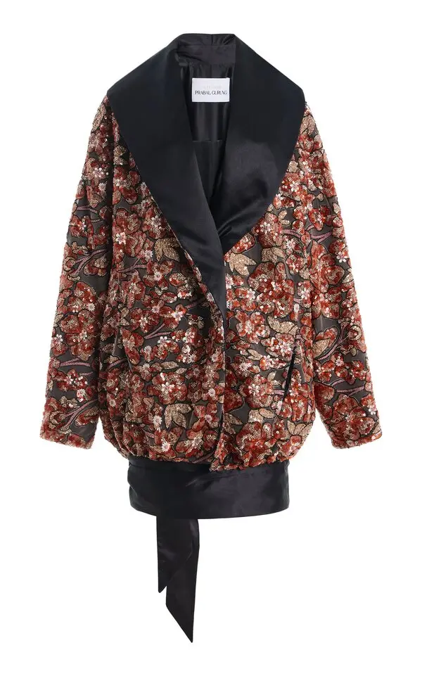 Prabal Gurung Floral Sequin Embroidered Tulle Hand-draped Knotted Cocoon Jacket