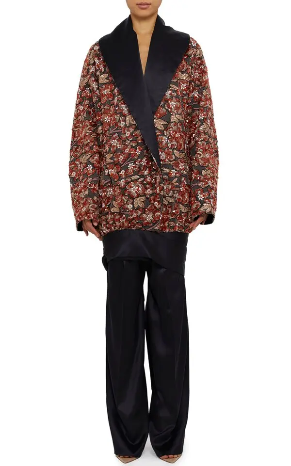 Prabal Gurung Floral Sequin Embroidered Tulle Hand-draped Knotted Cocoon Jacket