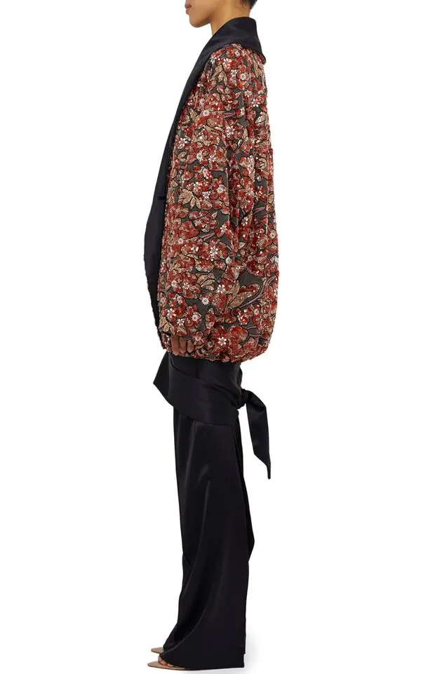 Prabal Gurung Floral Sequin Embroidered Tulle Hand-draped Knotted Cocoon Jacket