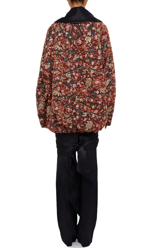 Prabal Gurung Floral Sequin Embroidered Tulle Hand-draped Knotted Cocoon Jacket