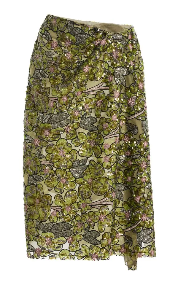 Prabal Gurung Floral Sequin Embroidered Tulle Hand-draped Sari Overlay Skirt - Green