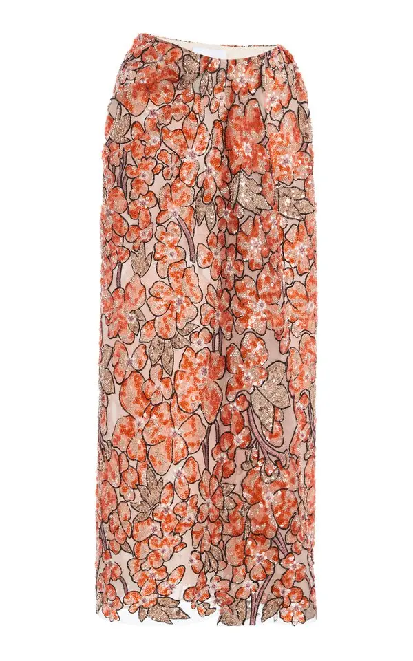 Prabal Gurung Floral Sequin Embroidered Tulle Hand-draped Sari Overlay Skirt - Orange