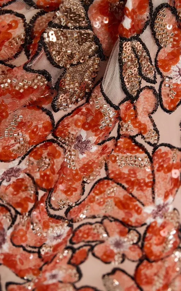 Prabal Gurung Floral Sequin Embroidered Tulle Hand-draped Sari Overlay Skirt - Orange