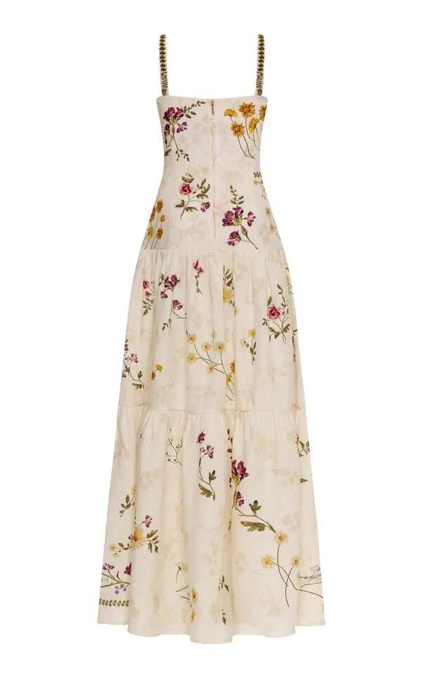 Agua Bendita Lima Tiered Floral Linen Maxi Dress