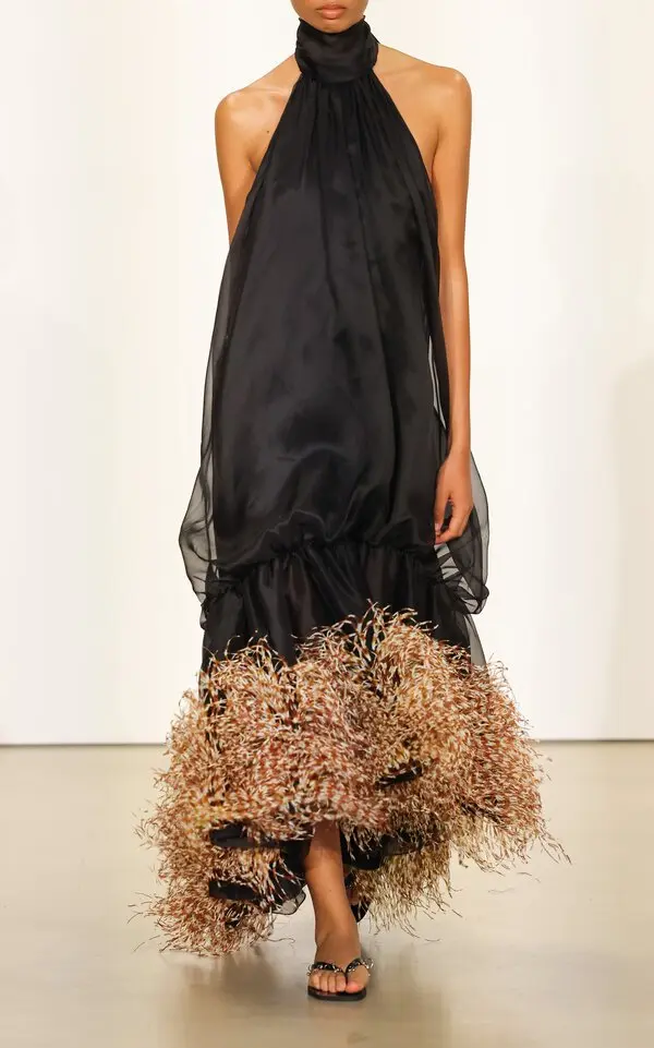 Prabal Gurung Feathered Silk Organza Open-back Cocoon Halter Dress