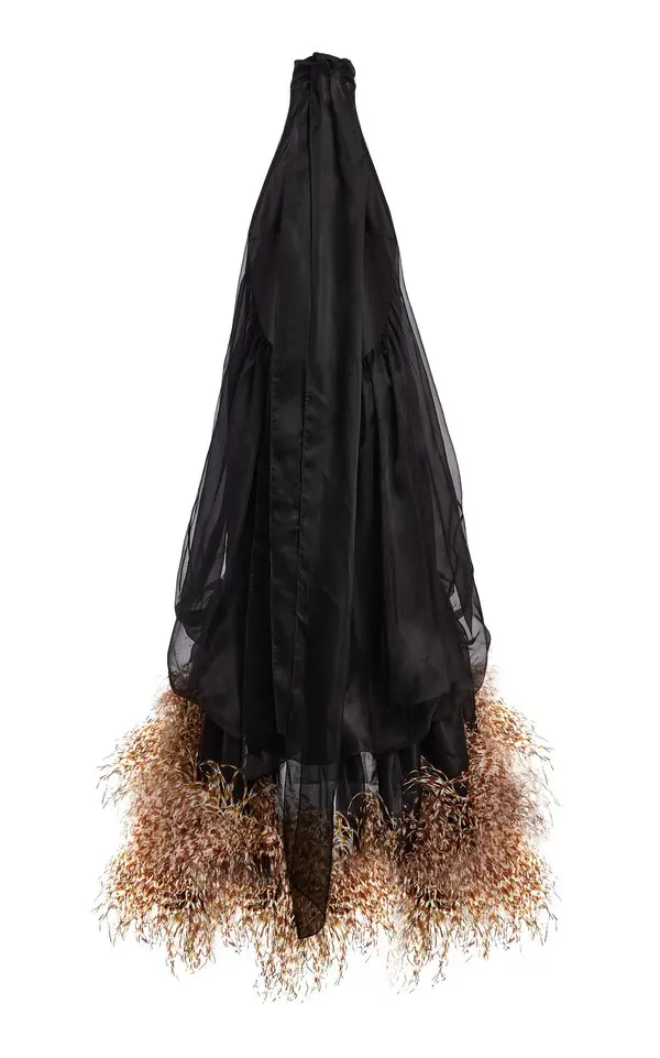 Prabal Gurung Feathered Silk Organza Open-back Cocoon Halter Dress