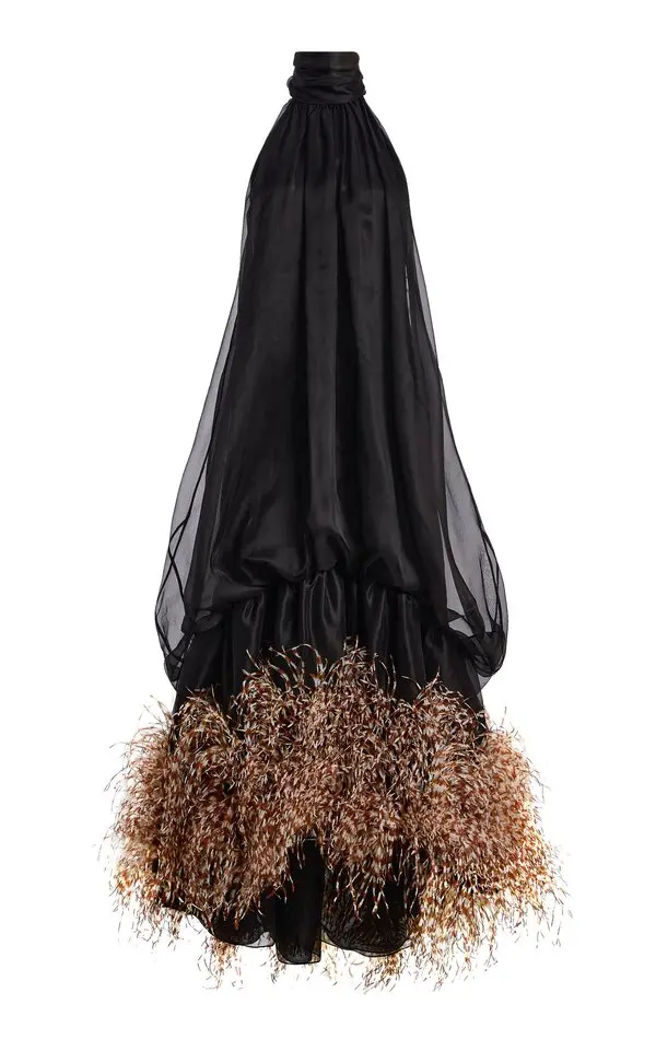 Prabal Gurung Feathered Silk Organza Open-back Cocoon Halter Dress - Black