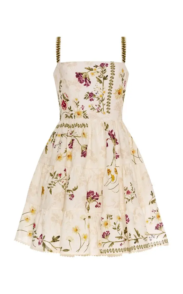 Agua Bendita Lima Tiered Floral Linen Mini Dress