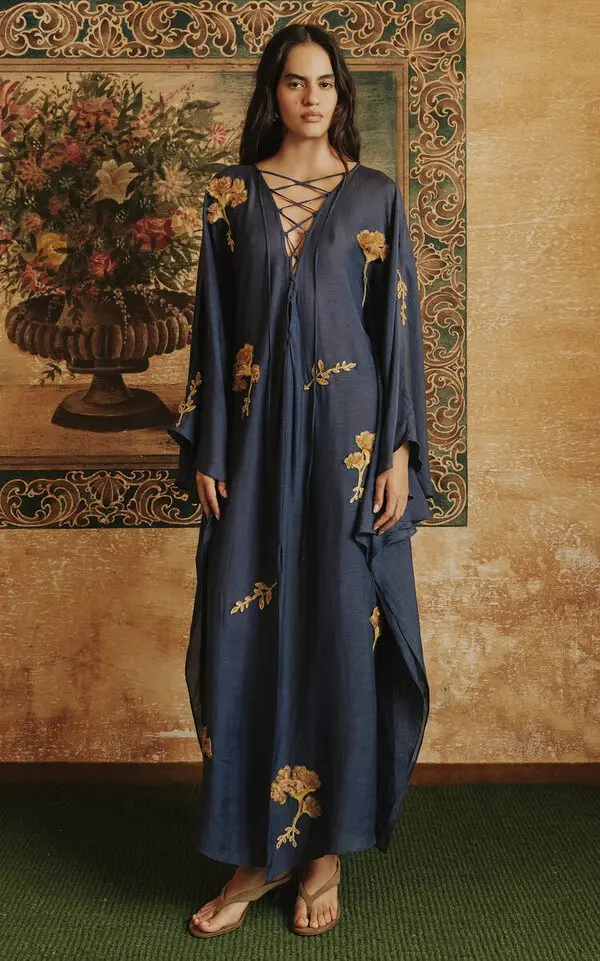 Agua Bendita Camel Floral Print Caftan - Grey