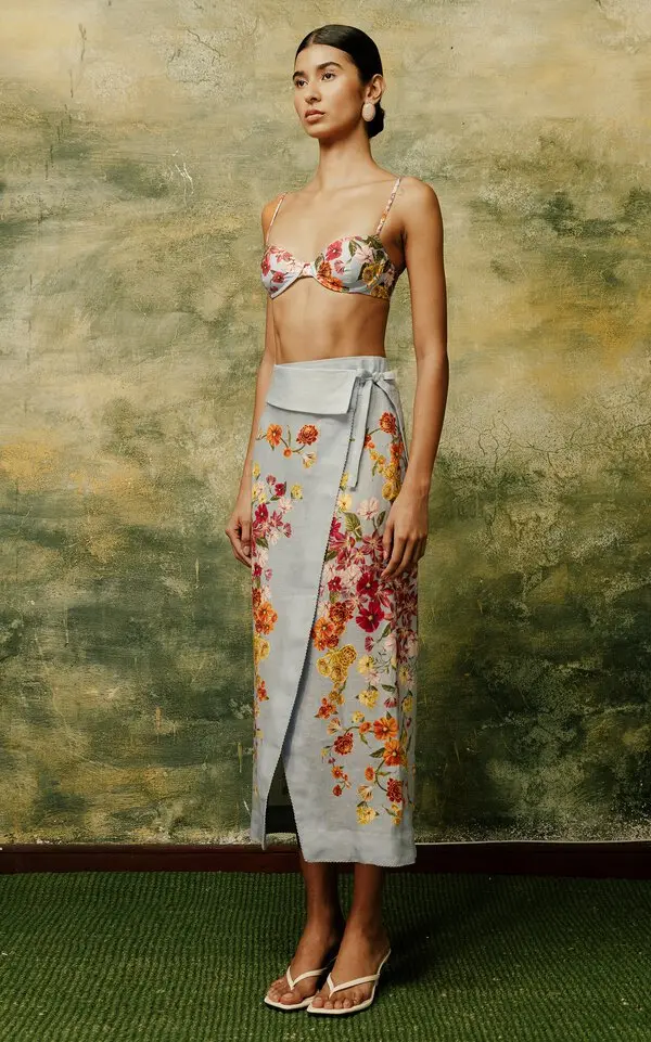 Agua Bendita Tierra Fold-over Wrap Linen Midi Skirt