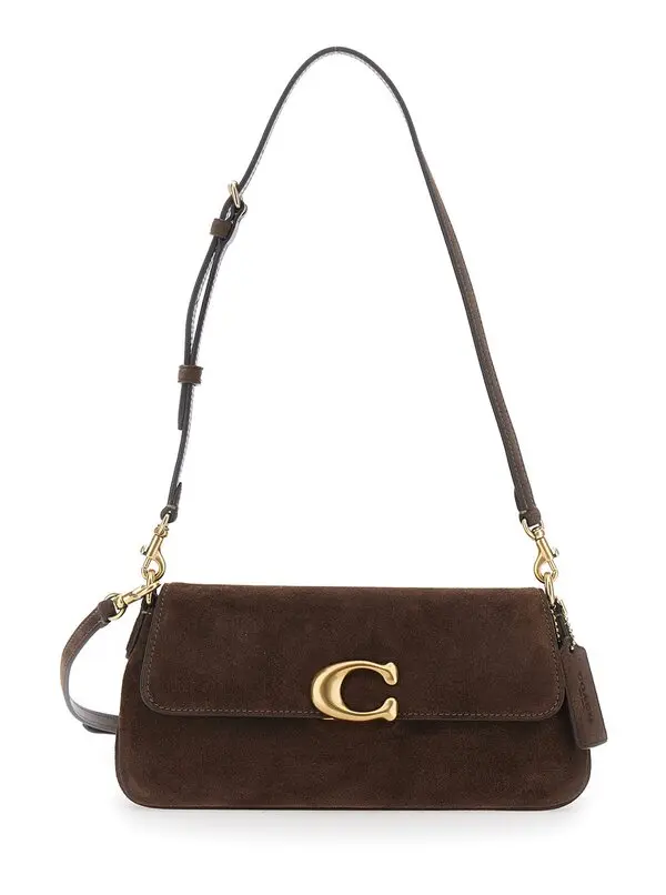 COACH Suede Crossbody Handbag With Logo Plaque, Magnetic Front Closure, Adjustable & Removable Strap, 24x11x5 Cm