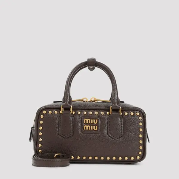 Miu Miu Studded Leather Top Handle Bag 22.5 X 11 X 8 Cm - Brown