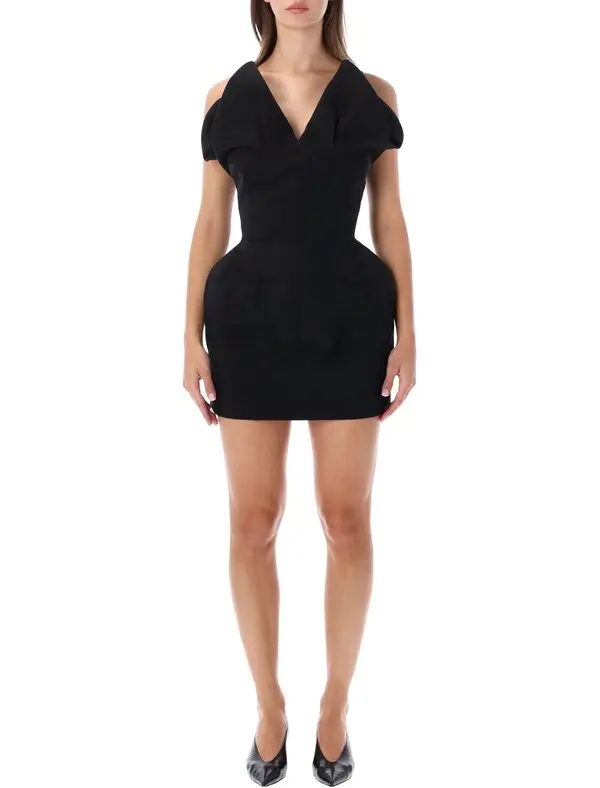 Magda Butrym Mini Fitted Dress With Deep V-neck And Cold Shoulder Sleeves - Nero