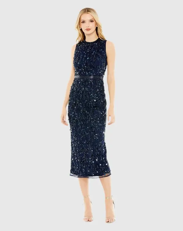 Mac Duggal Navy Sequined Sleeveless High Neck Midi Dress