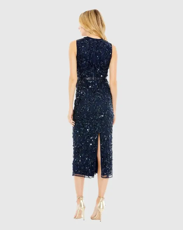 Mac Duggal Navy Sequined Sleeveless High Neck Midi Dress