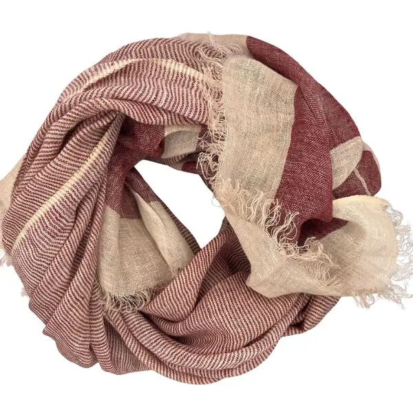 HERITAGEMODA Neutrals/ Plum Horizon – Light Beige Linen Scarf With Muted Plum Stripes - Red