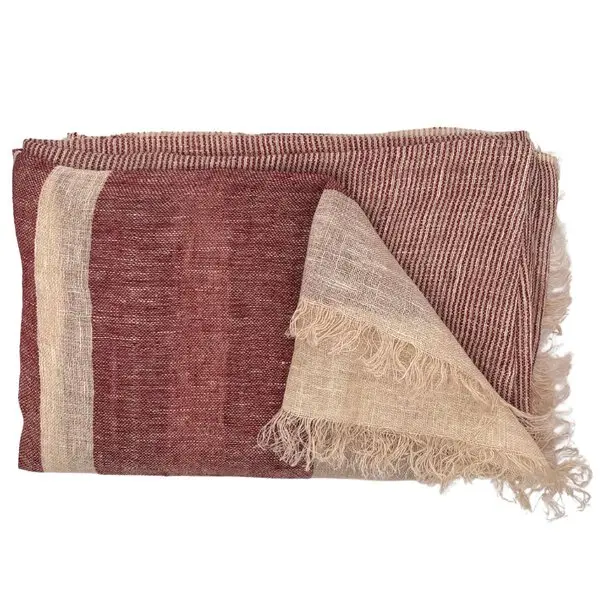HERITAGEMODA Neutrals/ Plum Horizon – Light Beige Linen Scarf With Muted Plum Stripes - Red