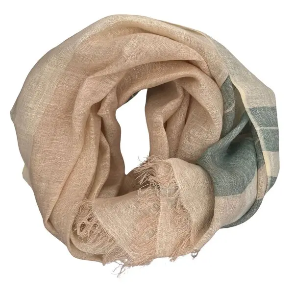 HERITAGEMODA Neutrals Handwoven Light Beige Linen Scarf With Sage Green Colour-block Detail - Beige/green