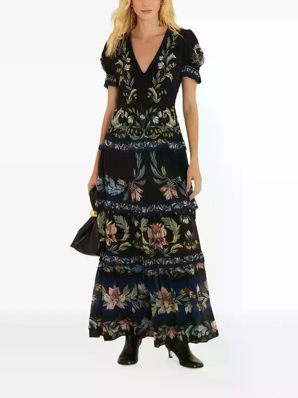 Farm Rio Natalia Floral-print Tiered Maxi Dress - Black