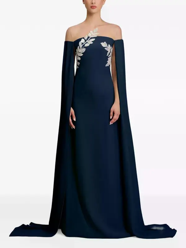CRISTALLINI Kassandra Leaf-embellished Cape-sleeve Maxi Dress