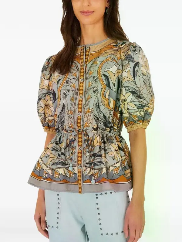 Farm Rio Stained Glass Floral-print Puff-sleeve Blouse