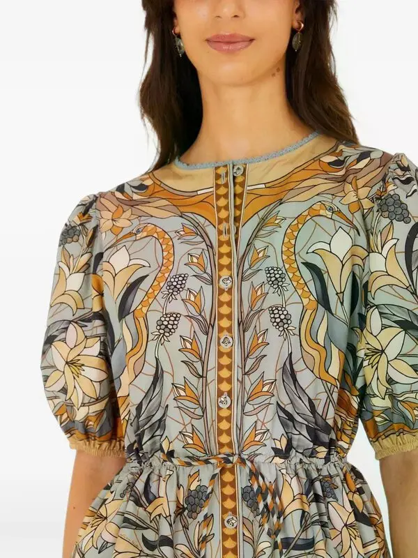 Farm Rio Stained Glass Floral-print Puff-sleeve Blouse