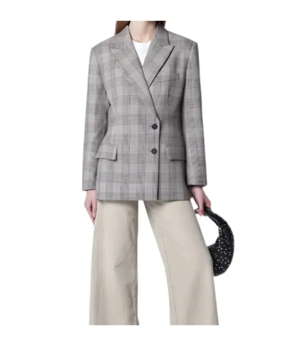 ANINE BING Aretha Plaid Button Blazer