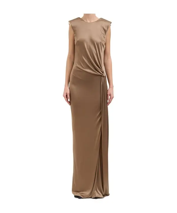 Elisabetta Franchi Pleated Gown With A Slit - Brown