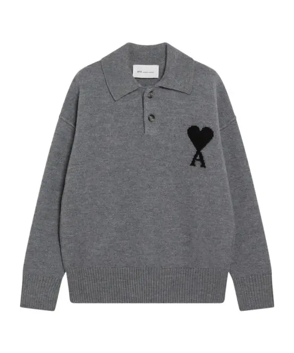 AMI Paris Heart Logo Polo Knitted Sweater - Grey/black