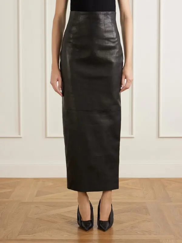 Khaite Leather Midi Skirt