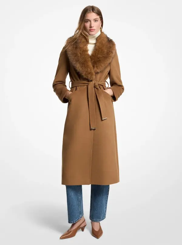 Michael Kors Faux Fur Trim Wool Blend Coat In Size By - Brown