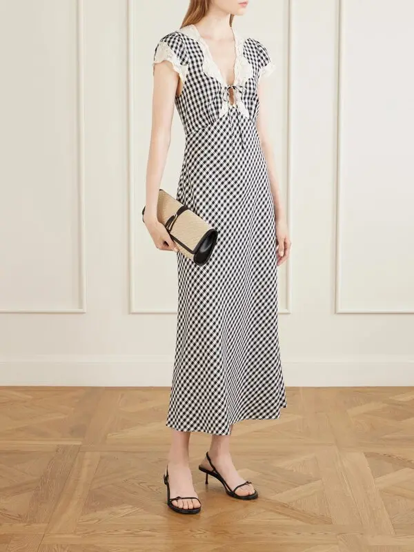 Rixo Bow-detailed Lace-trimmed Checked Woven Midi Dress