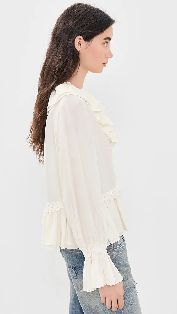 GANNI Viscose Silk Blend Frill Blouse
