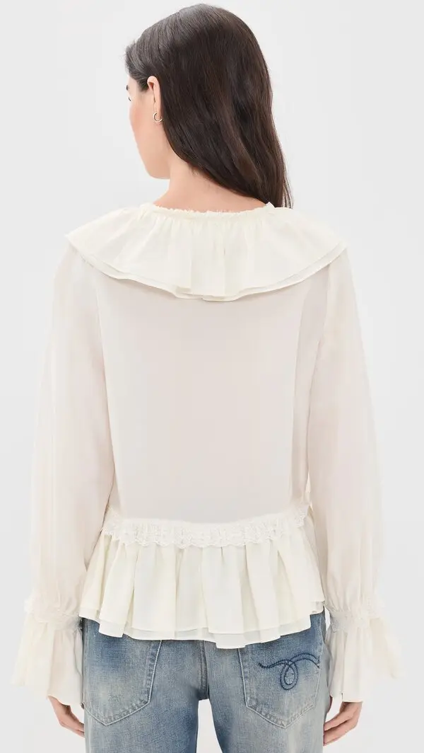 GANNI Viscose Silk Blend Frill Blouse - Egret