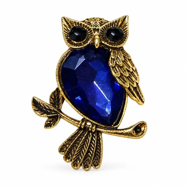 BY OZGE Mystic Wisdom Sapphire Crystal Owl Gold-tone Statement Brooch