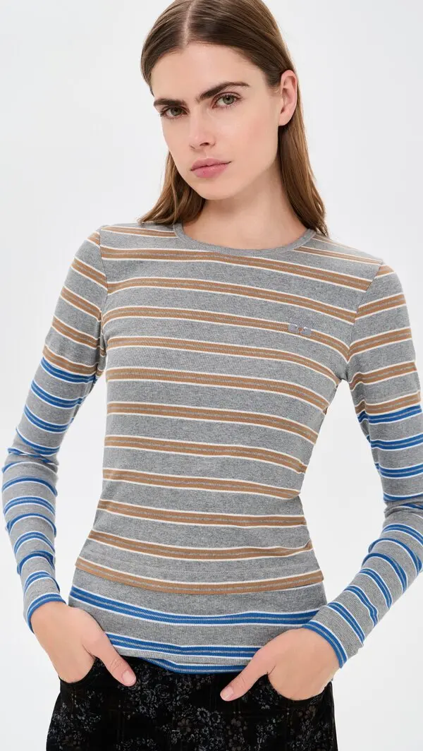 GANNI Soft Cotton Rib Long Sleeve Double Layer Tee - Strong Blue
